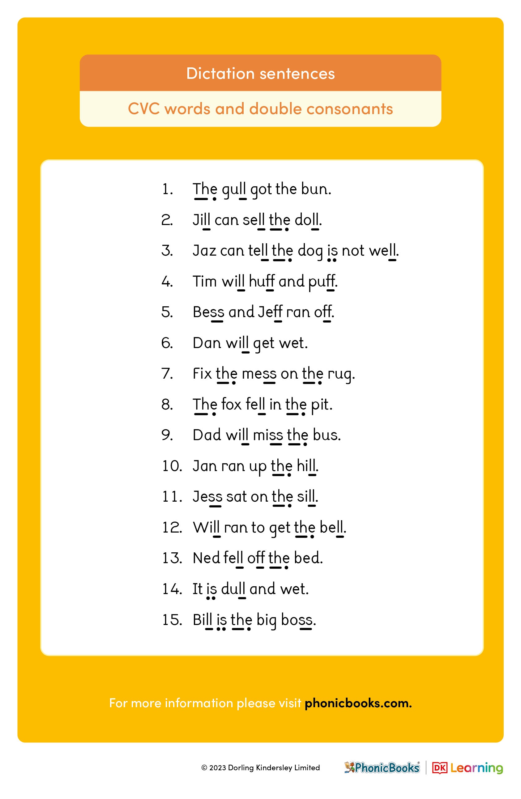 Dictation sentences: CVC words and double consonants (2) – Phonic Books US