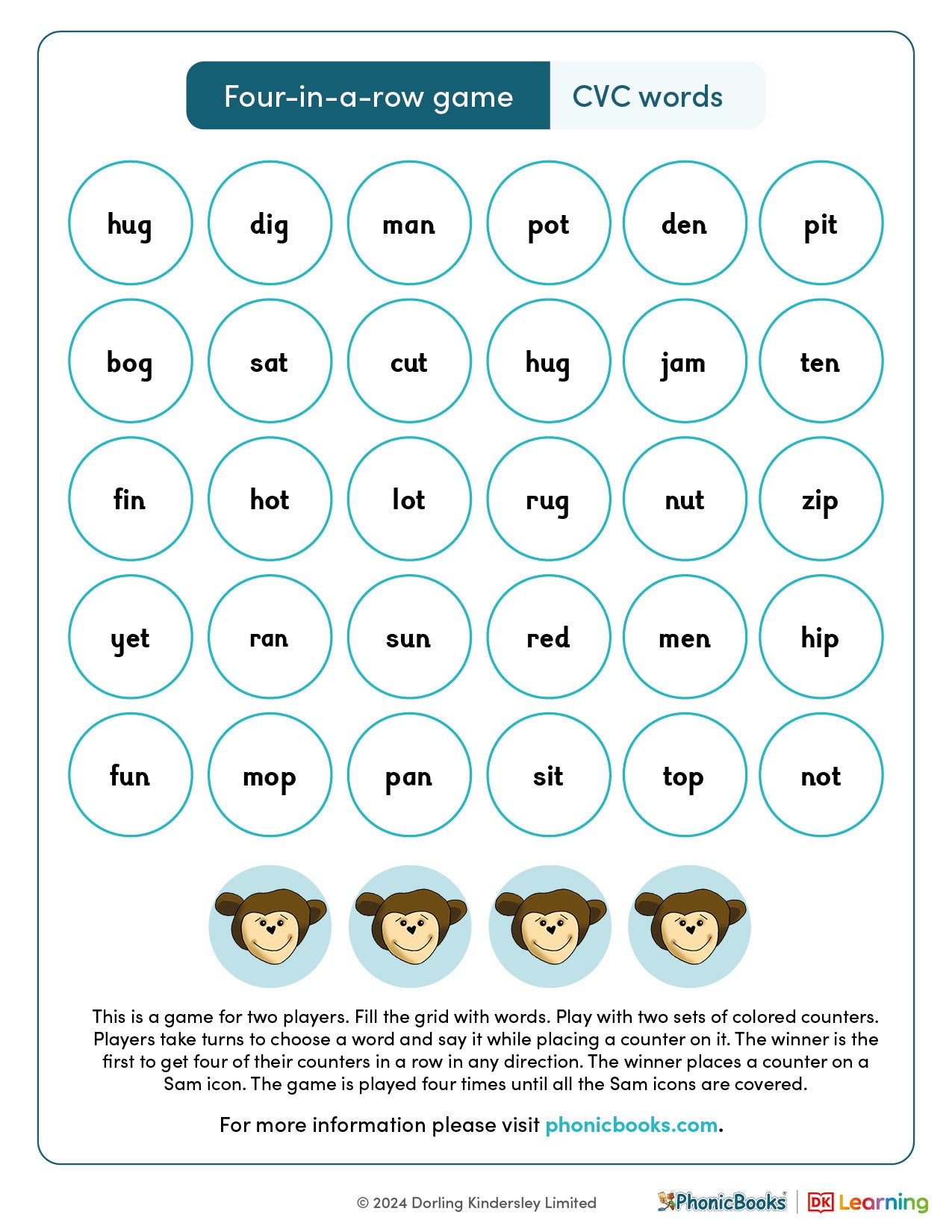 Four-in-a-row game: CVC words – Phonic Books US