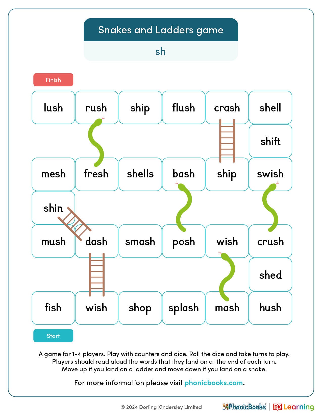 Snakes and Ladders game: words with 'sh' – Phonic Books US