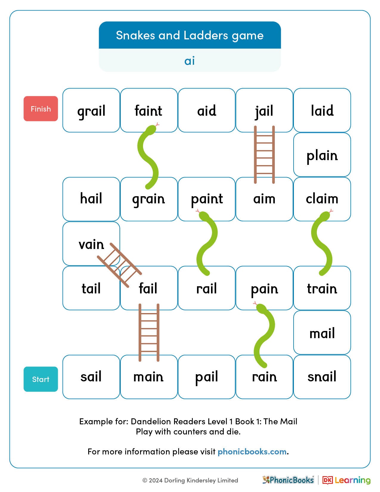 Snakes and Ladders game: words with 'ai' – Phonic Books US