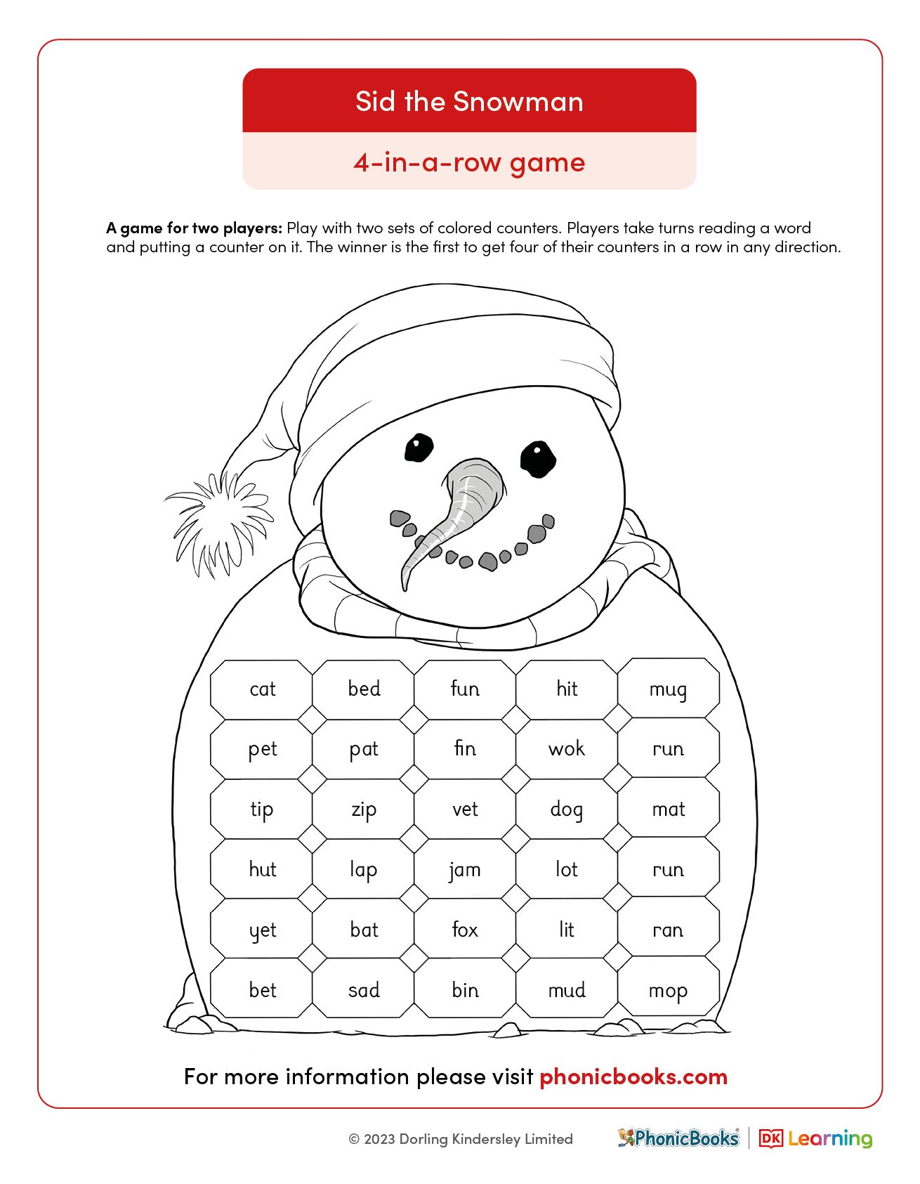 Four-in-a-row game: Snowman CVC words – Phonic Books US