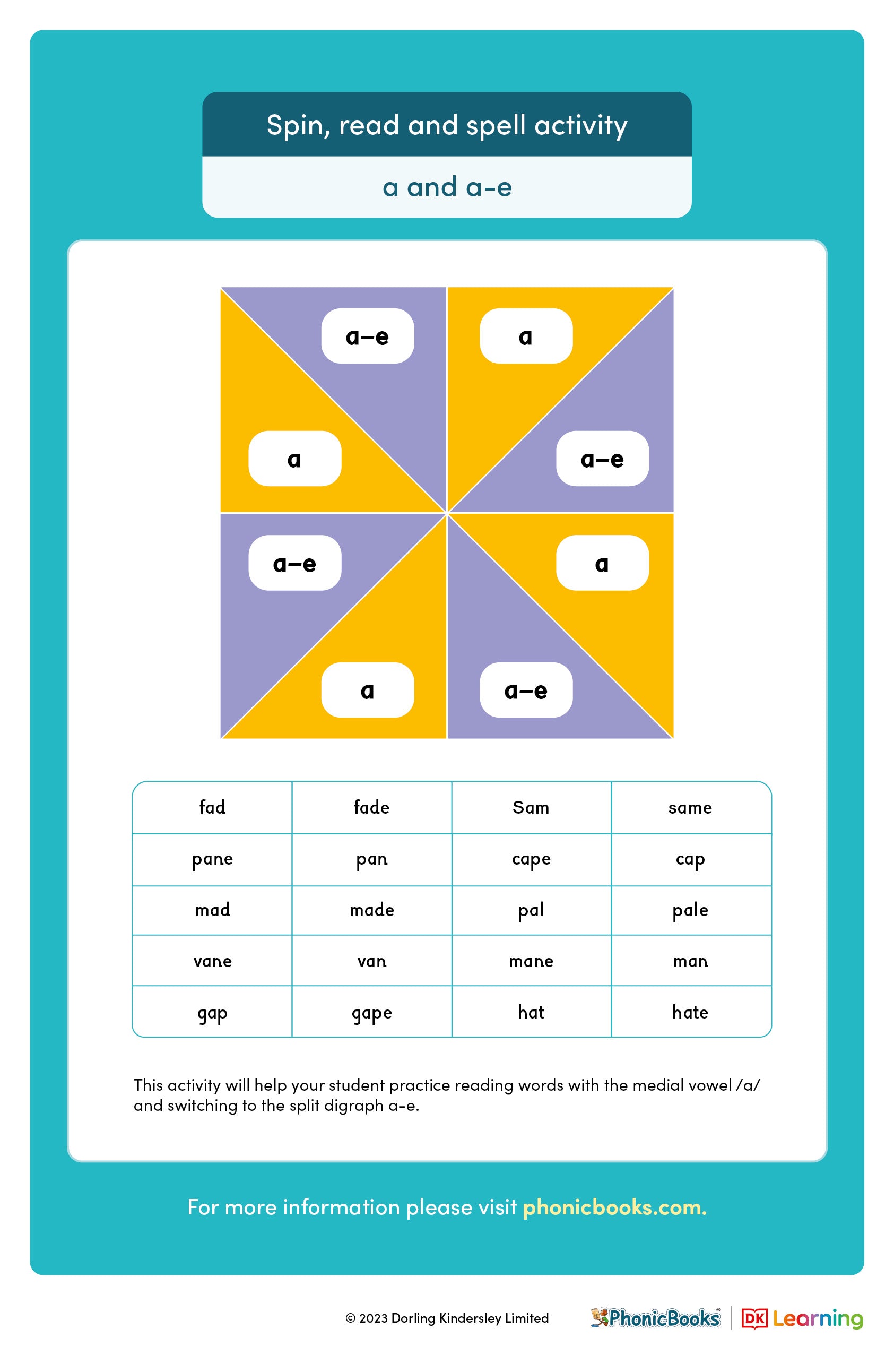 Spin, read and spell activity: 'a' and 'a-e' – Phonic Books US