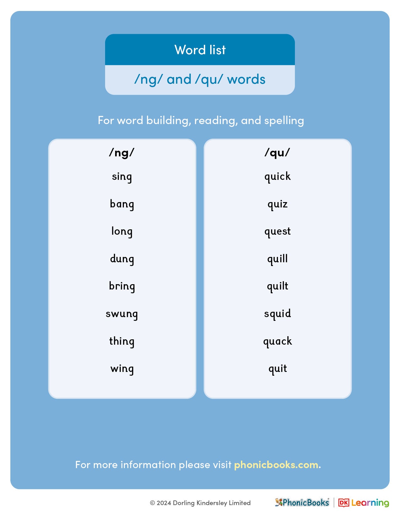 Word list: /ng/ and /qu/ words – Phonic Books US