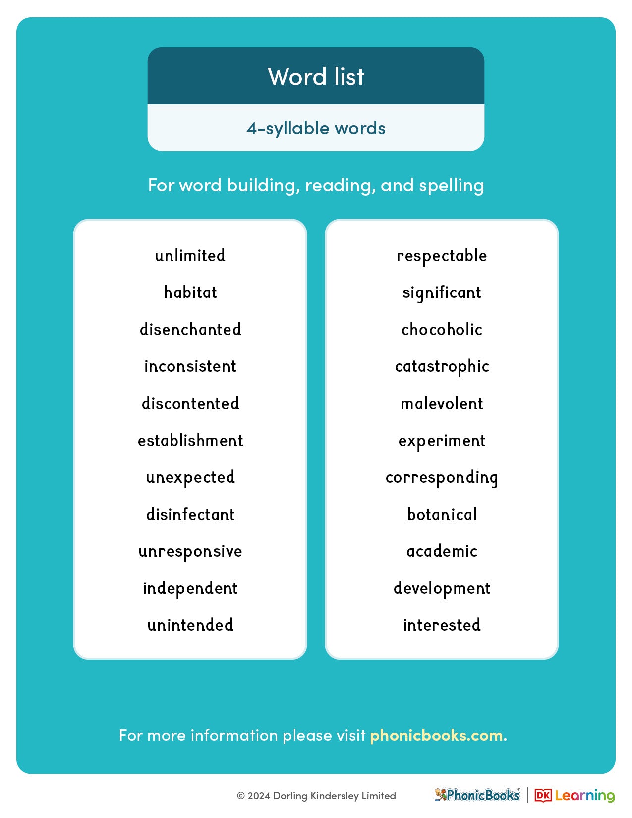 Word list: Four-syllable words – Phonic Books US